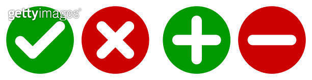 Set of flat round check mark, X mark, plus sign and minus sign icons ...