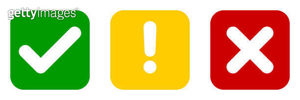 Set of flat square check mark, exclamation point, X mark icons, buttons ...