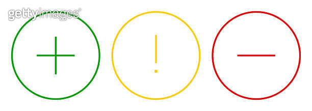 Set of round plus sign, exclamation point and minus sign thin line ...