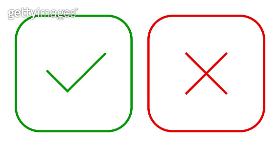 Set of square check and X mark thin line icons, buttons. Tick and cross ...