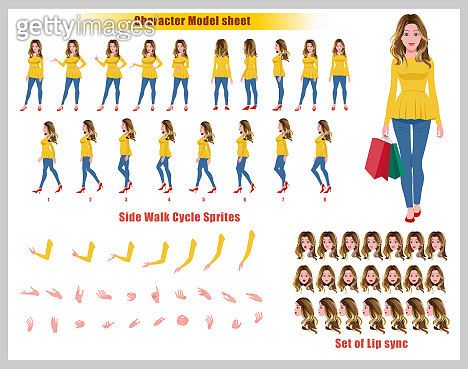Beautiful Blond Hair Girl Character Design Model Sheet with walk cycle ...