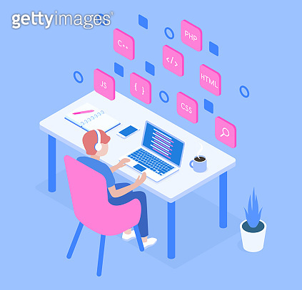 Stylish vector isometric 3d Programming, programmer at work ...