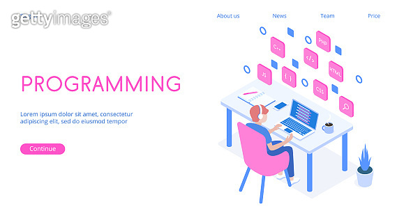 Stylish vector isometric 3d Programming, programmer at work ...