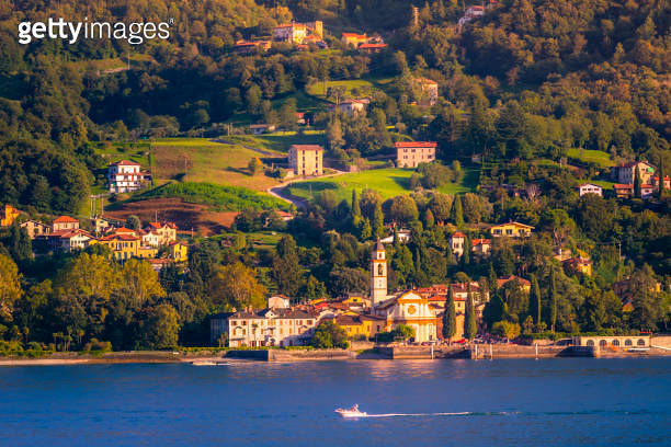 Ethereal Bellagio and Lake Como from above at gold sunset - Lombardy ...