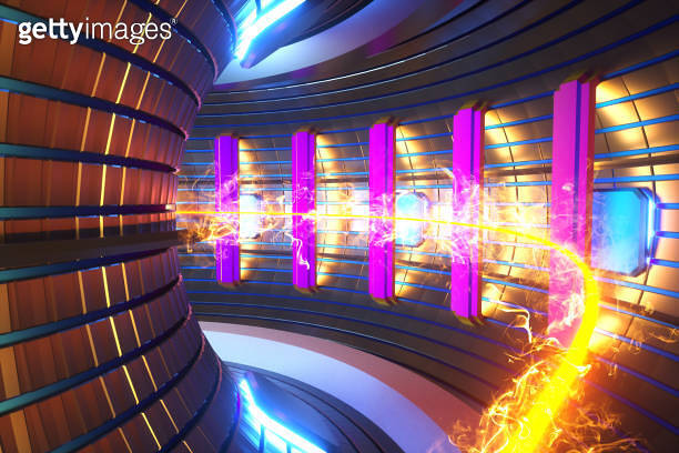 3D Render fusion reactor nuclear fusion, tokamak inside heated plasma ...