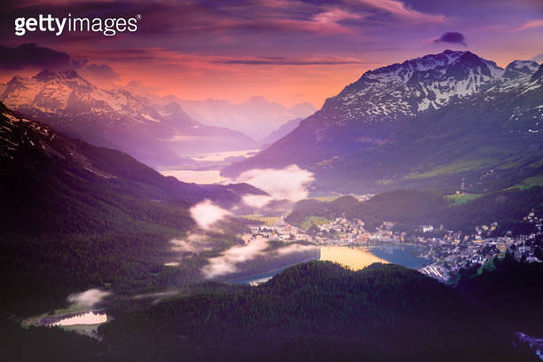 Alpine landscape above St Moritz at dramatic sunset – Muottas Muragl ...