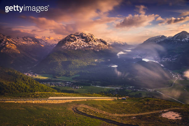 Alpine landscape above St Moritz at dramatic sunset – Muottas Muragl ...