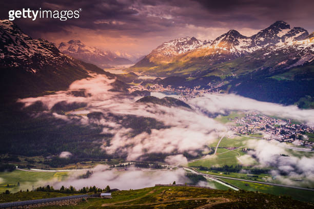Alpine landscape above St Moritz at dramatic sunset – Muottas Muragl ...