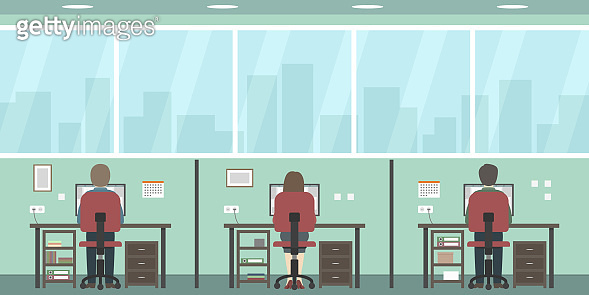 Employees sitting at tables in office. Back view. Vector 이미지 ...