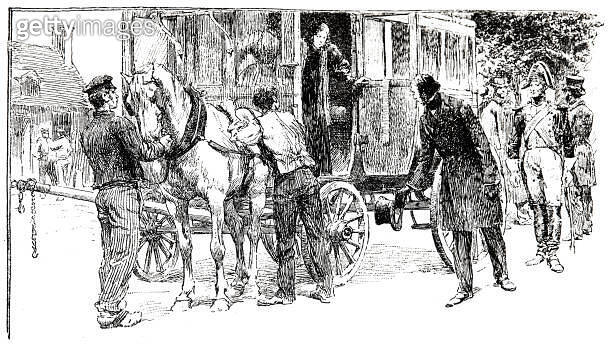 Ladies getting out of the horse-drawn carriage 이미지 (1254997529) - 게티이미지뱅크