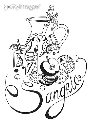 Freehand sketch style drawing of pitcher of sangria, two glasses ...