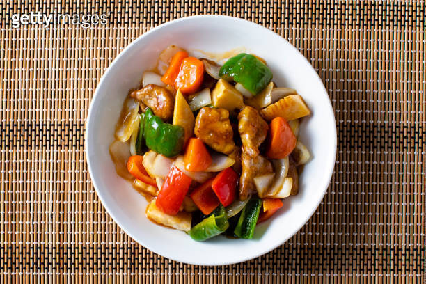 Japanese style home-cooked pork (Subuta) recipe. Finished on a white ...