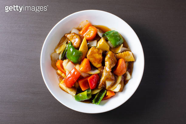 Japanese style home-cooked pork (Subuta) recipe. Finished on a white ...