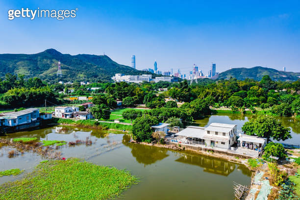Drone view of the rural villages in Long Valley of Hong Kong ...