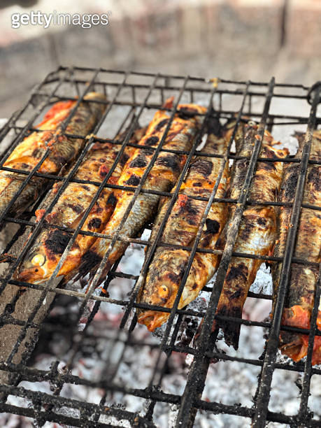 Close-up Freshly caught mullet fish grilled on the fire (1252385418 ...