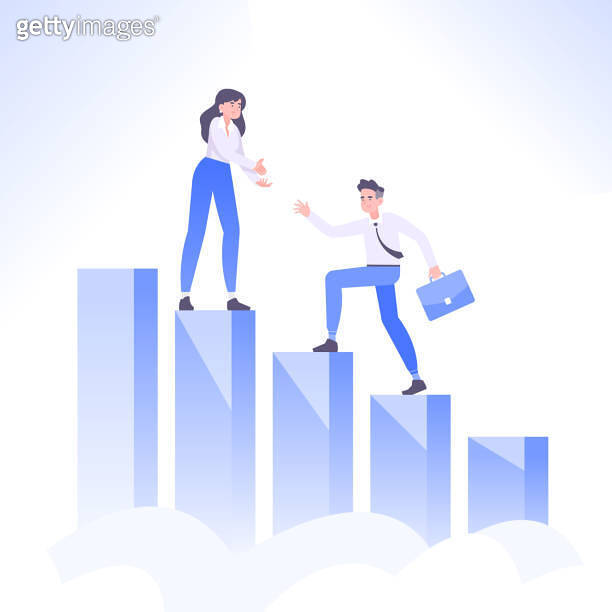 Helping hand concept. Businesswoman helps to businessman to climb ...
