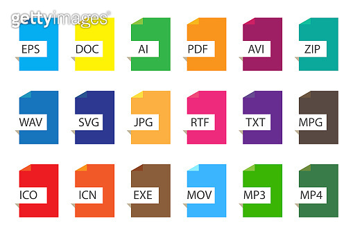 Colored file documents icons. Vector types of different file formats. A ...