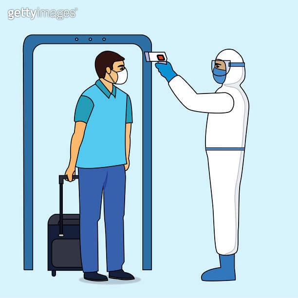 Body temperature check icon. Doctor holding a non-contact thermometer ...