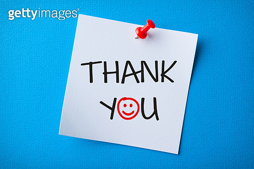 White Sticky Note With Thank You And Red Push Pin On Blue Background ...