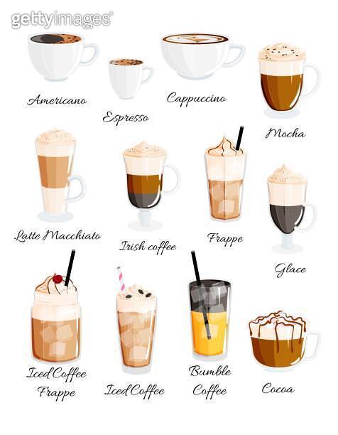 Vector set of coffee types in glasses americano, frappe, espresso ...