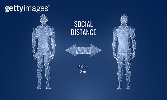 Social distance in futuristic polygonal wireframe style on a blue ...