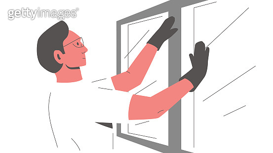 Worker installing a window. Vector illustration of a male constructor ...