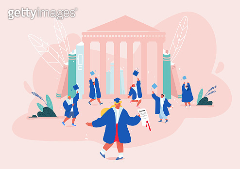 Group of Students Characters in Graduation Gowns and Caps Rejoice ...