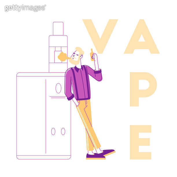 Vaping Activity Concept. Young Male Character Stand near Huge ...