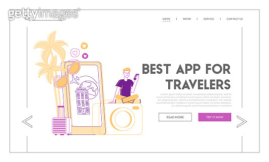 Character Use Tourist App Landing Page Template. Young Man Traveler ...