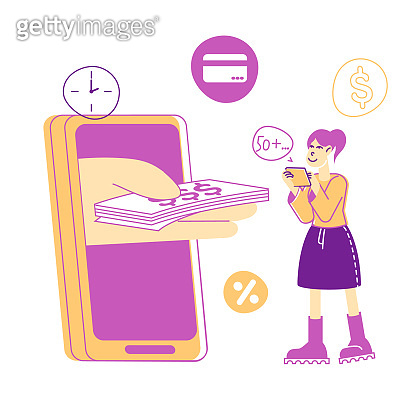 Huge Human Hand Stretch Money to Woman with Tablet from Smartphone ...