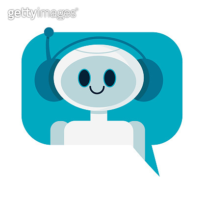 Smiling cute robot chat bot in speech bubble. Support service concept ...