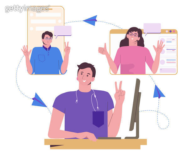 Work and chat online. Co-workers and friends work remotely from home ...