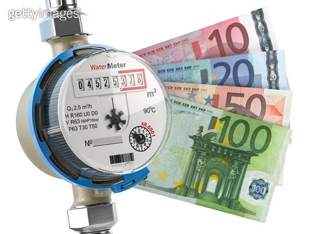 Water meter with euro money. Water consumption, cost of utilities and ...