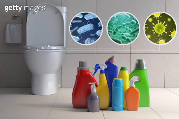 Toilet bowl with different types of bacteria, microbe and virus and ...