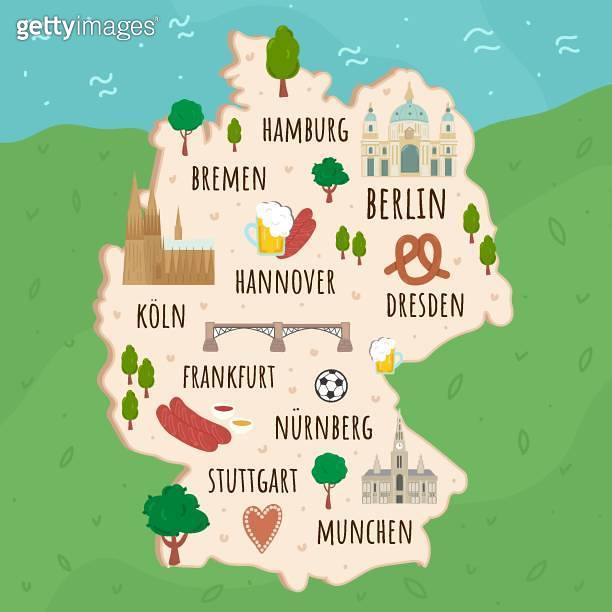 Cartoon map of Germany. Travel illustration with german landmarks ...