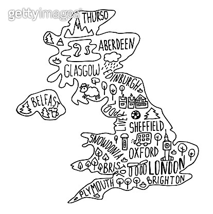 Hand drawn doodle Great Britain map. England city names lettering and ...