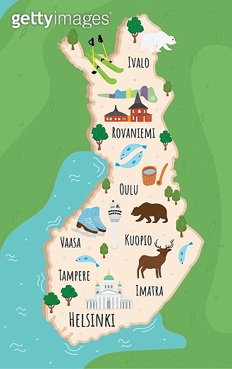 Tourist infographics about Finland. Cartoon map of Scandinavian country ...