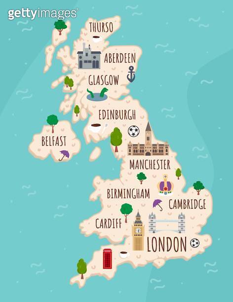 Cartoon map of United Kingdom. Travel illustration with british ...