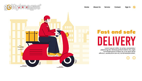 Fast and safe delivery website banner with courier cartoon vector ...