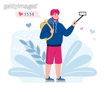 Man filming travel vlog on mobile, flat cartoon vector illustration ...