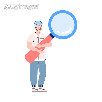 Man character with huge magnifier, flat cartoon vector illustration ...