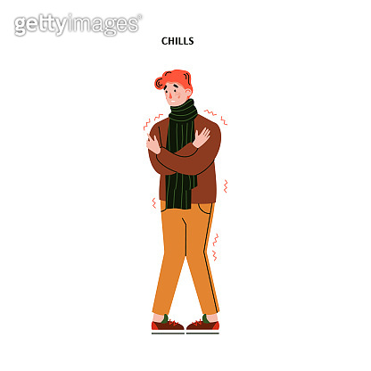Man with cold or flu chills symptom, flat cartoon vector illustration ...