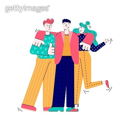 Three friends hugging - cartoon people standing together sharing friend ...