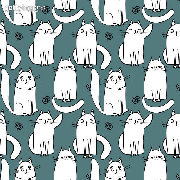 Seamless pattern with cute cats. Hand drawn vector illustration. Perfect for kids apparel,fabric ...