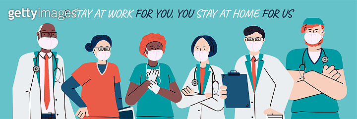 Stay home for us - coronavirus banner with cartoon doctors and nurses ...
