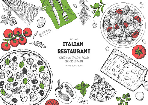 Italian cuisine top view frame. A set of Italian dishes with pasta and ...