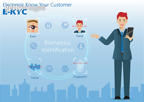 Businessman hold smart phone using biometric identification face, eyes ...