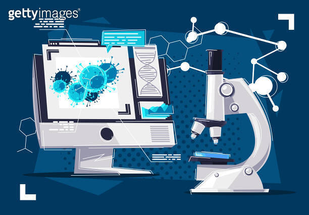 Vector illustration of a microscope and computer monitor, image of a ...