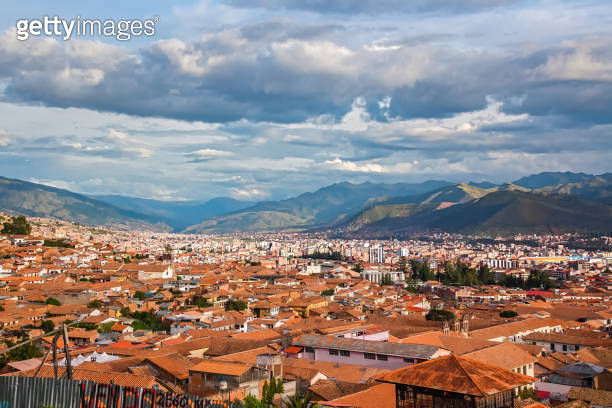 Cusco, view of centre and cityscape of city and mountains from above ...