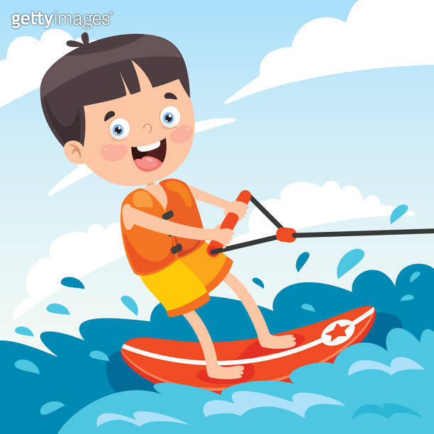 Happy Cartoon Character Surfing At Sea (1251114607) - 게티이미지뱅크